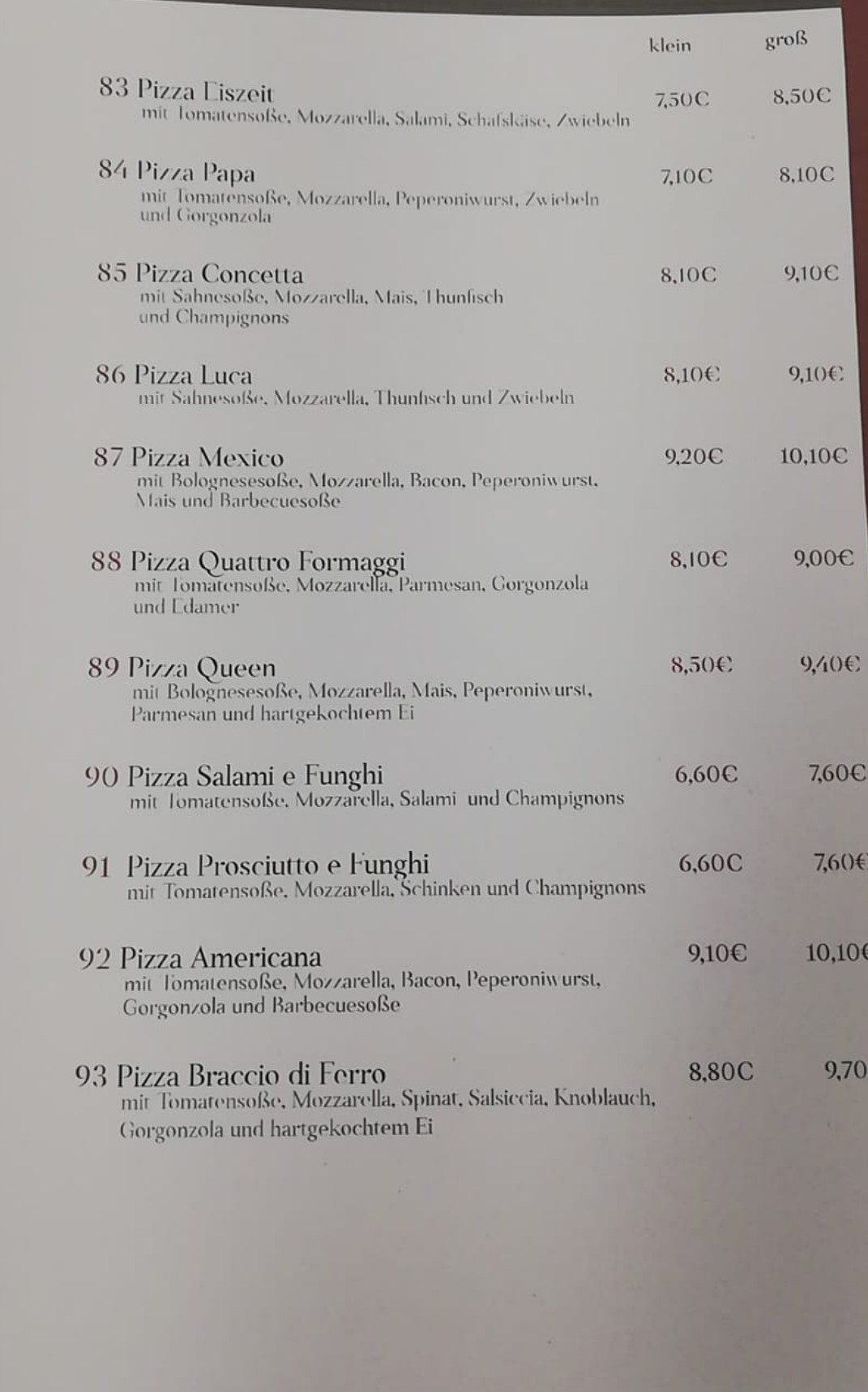 À LA CARTE – Pizzeria Darocco